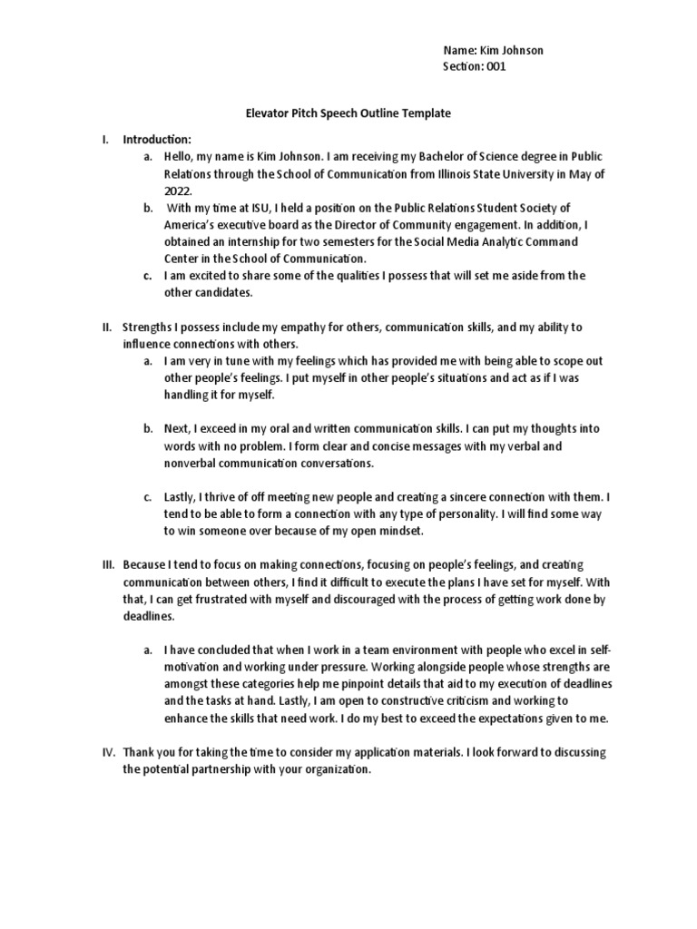 Elevator Speech Template 3 | PDF | Communication | Cognition