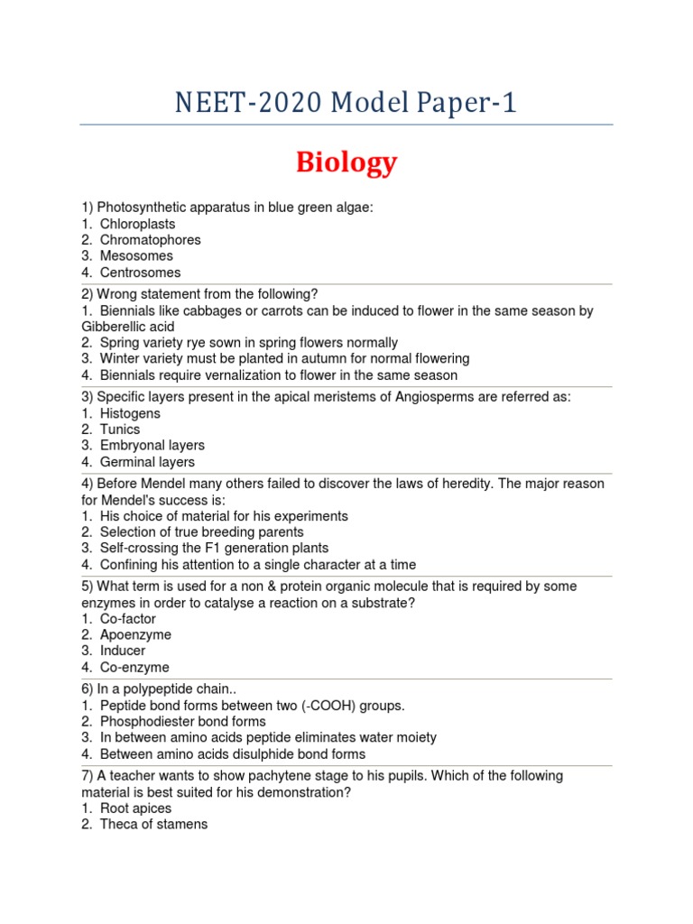NEET-2020 Model Paper-1: Biology | PDF | Menstrual Cycle | Anatomy