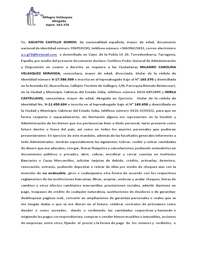 Poder General de Administracion Milagro Velasquez (Agustin) | PDF | Pagos