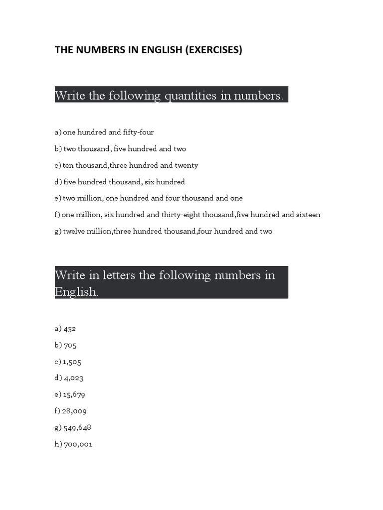 The Numbers in English | PDF