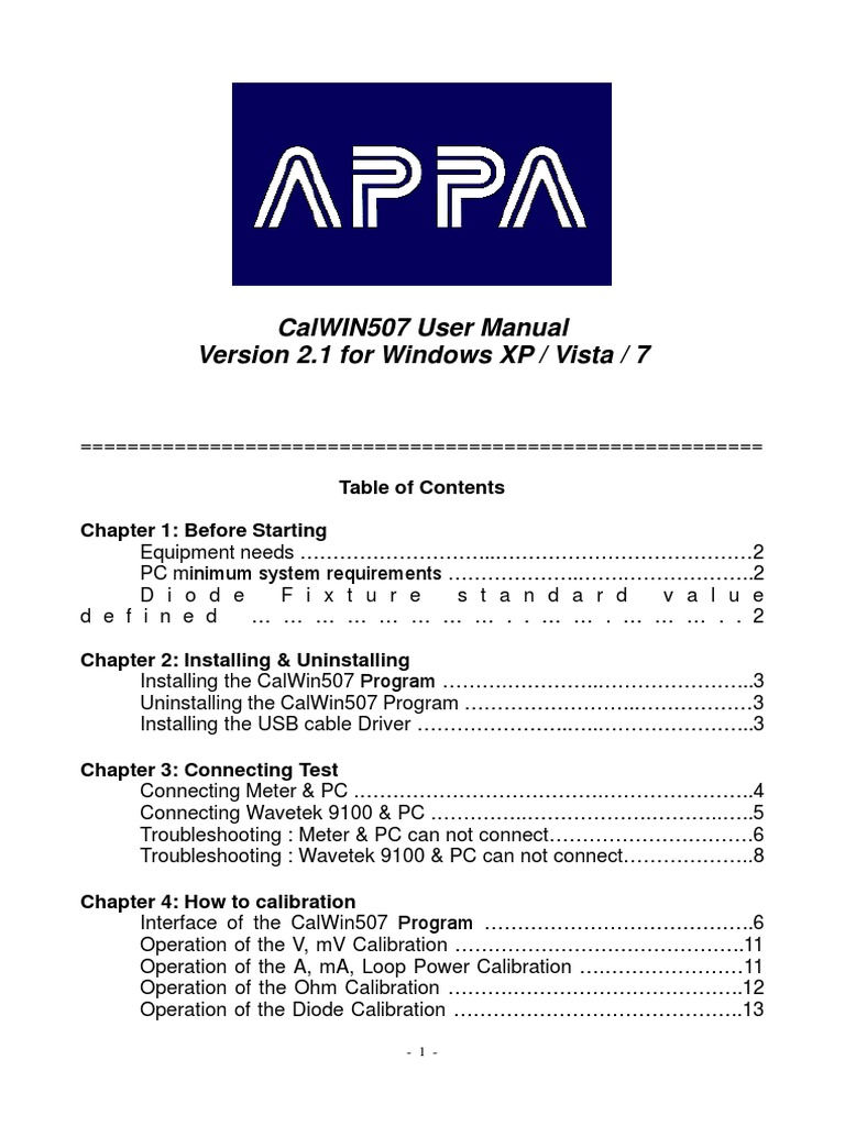 CalWIN507 User Manual for Wavetek 9100 | PDF | Switch | Usb