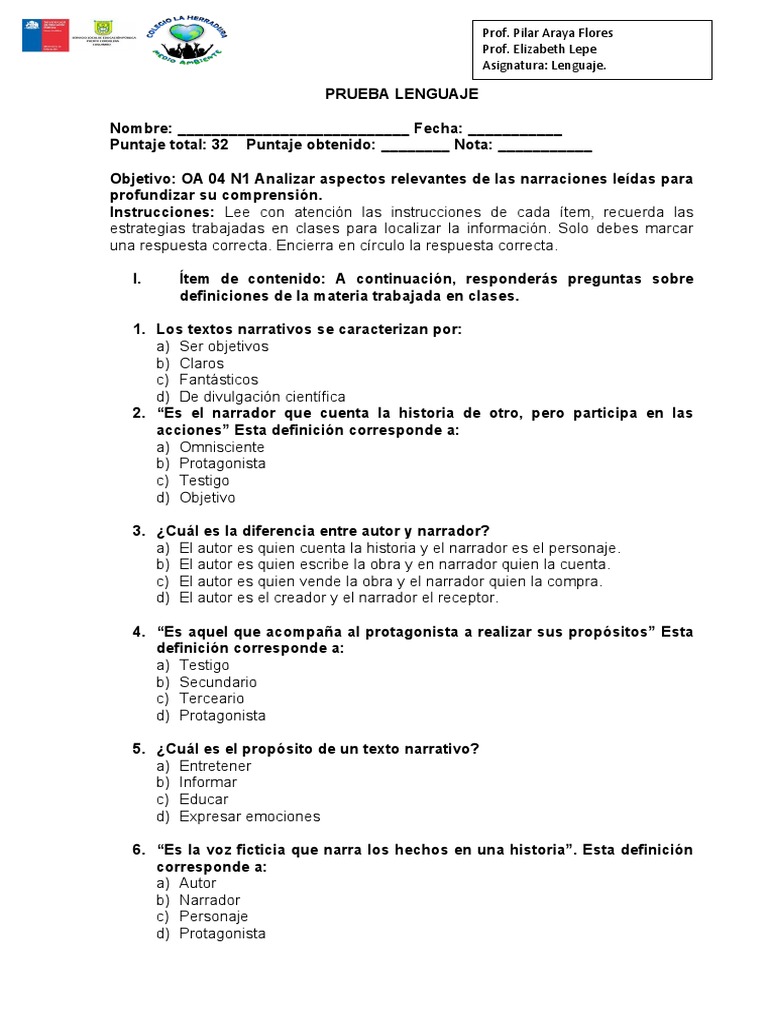 Prueba 7mo Básico | PDF | Narración