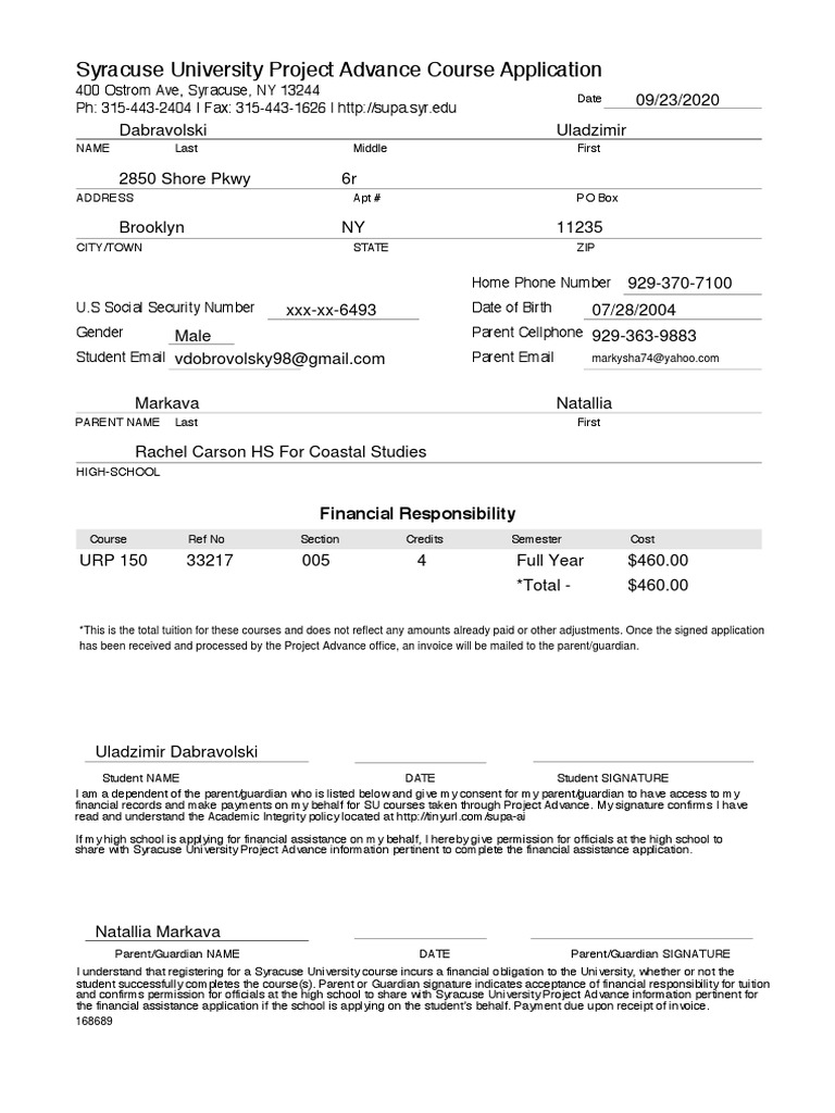 Syracuse University Project Advance Course Application 2019 - 2020 | PDF