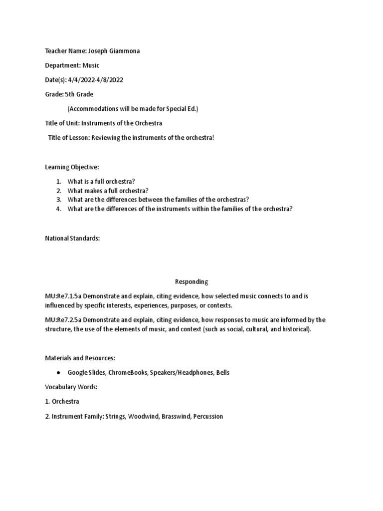 5th Grade Music - Instruments of The Orchestra | PDF