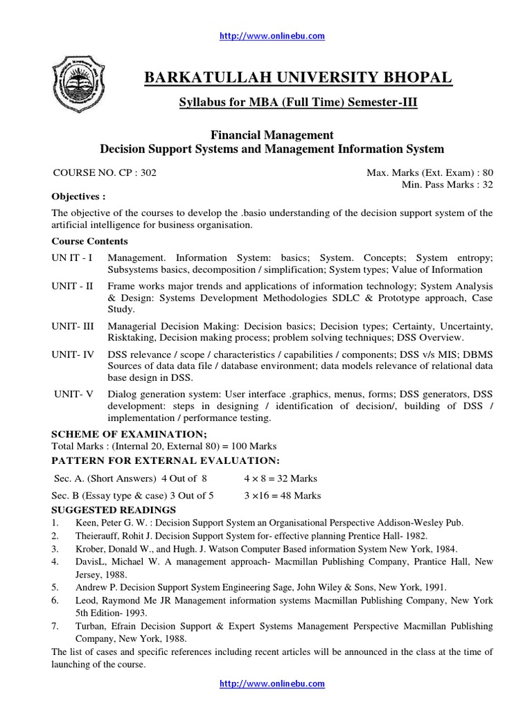Bu Mba Syllabus Full Time 3 Sem CP 302 Decision Support Systems and ...