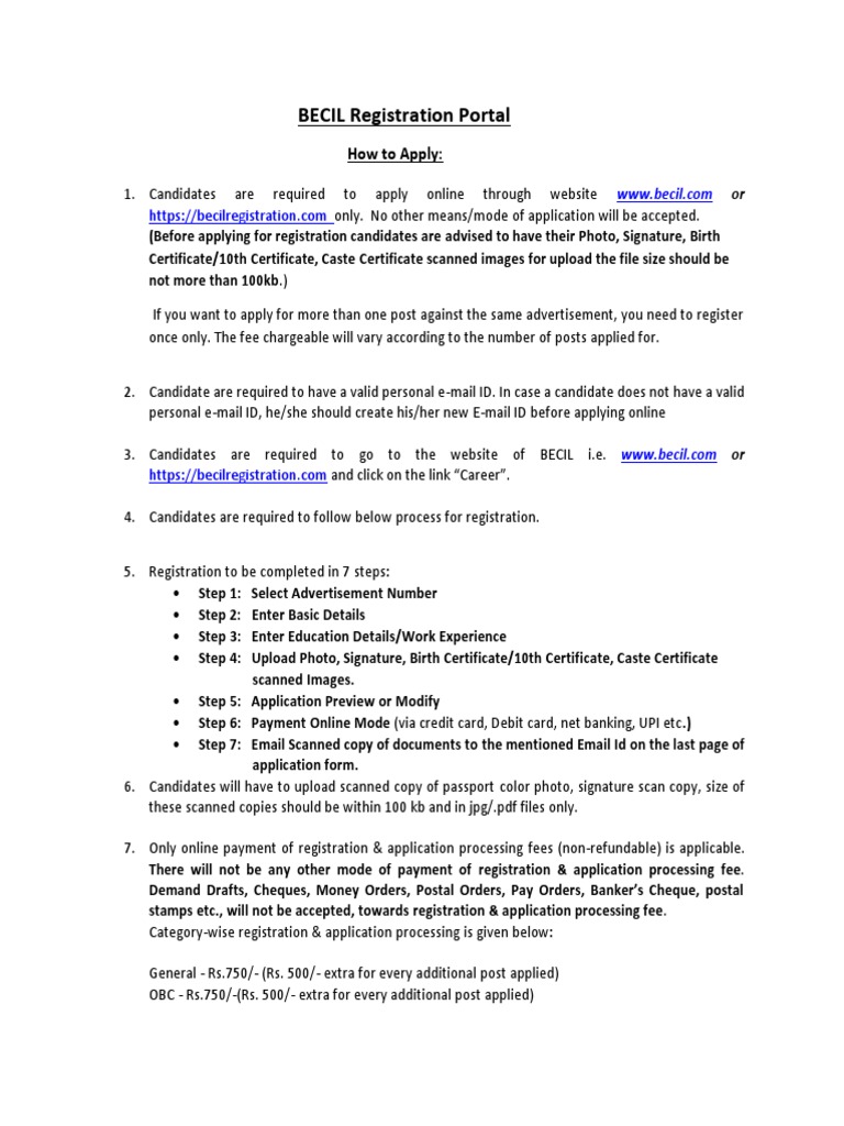 BECIL Registration Portal: How To Apply | PDF | Cheque | Fee