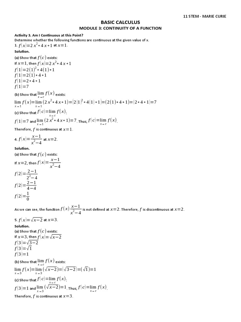 Basic Calculus: Continuity of A Function | PDF | Maxima And Minima ...