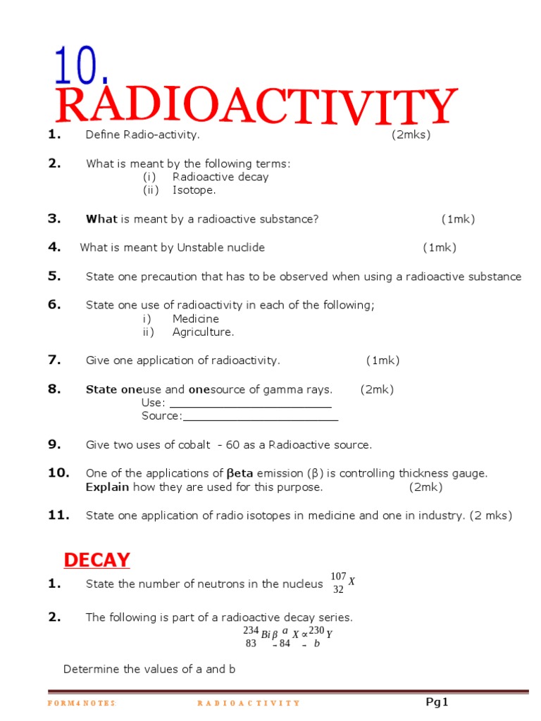 Decay: What Is Meant by A Radioactive Substance? (1mk) | PDF ...