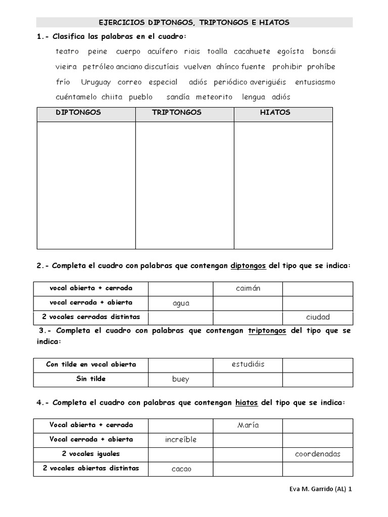 EJERCICIOS Diptongos Triptongos Hiatos | PDF | Arte