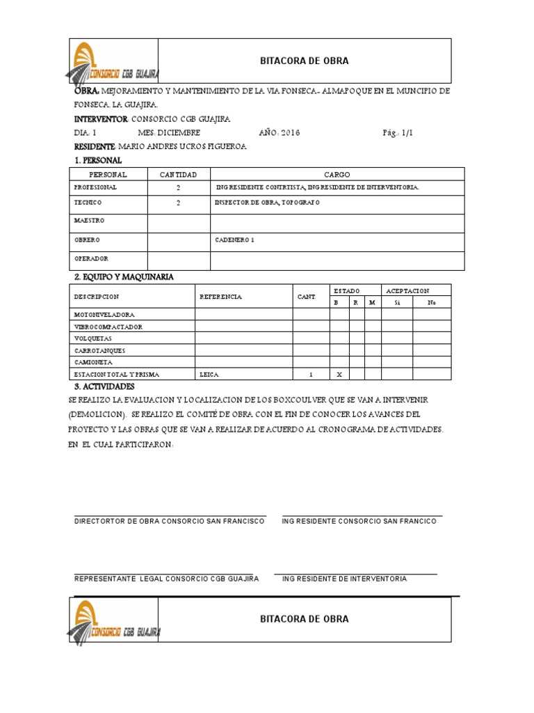 Bitacora de Obras Almapoque Diciembre Modificado | PDF