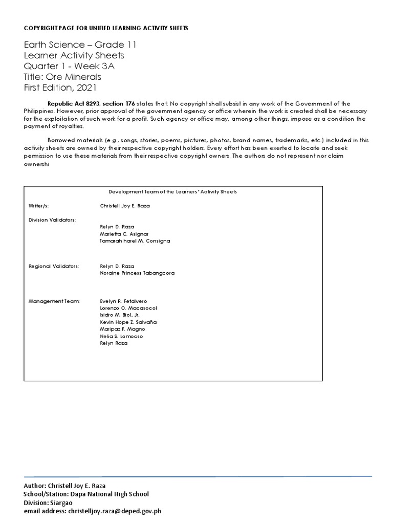 Earth Science - Grade 11 Learner Activity Sheets Quarter 1 - Week 3A ...