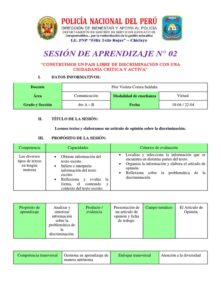 Comunicacion Sesion de Aprendizaje #2 4° A-B | PDF | Racismo ...
