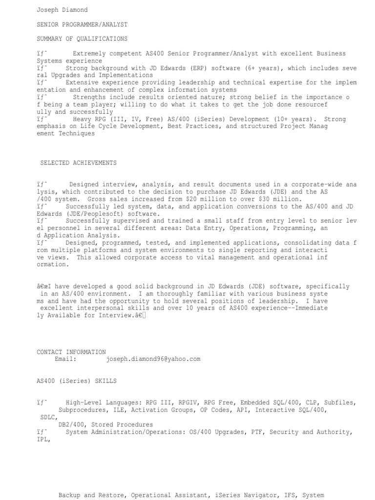 Senior AS400 Programmer/Analyst | PDF | Ibm System I | Computing