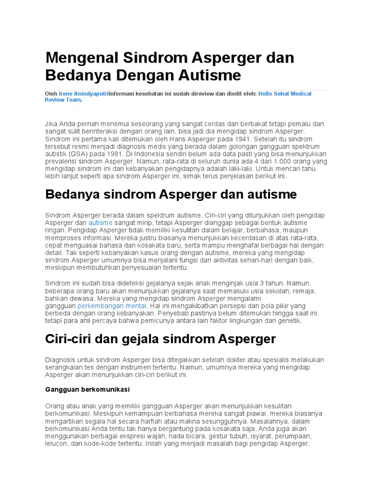 Mengenal Sindrom Asperger Dan Bedanya Dengan Autisme | PDF