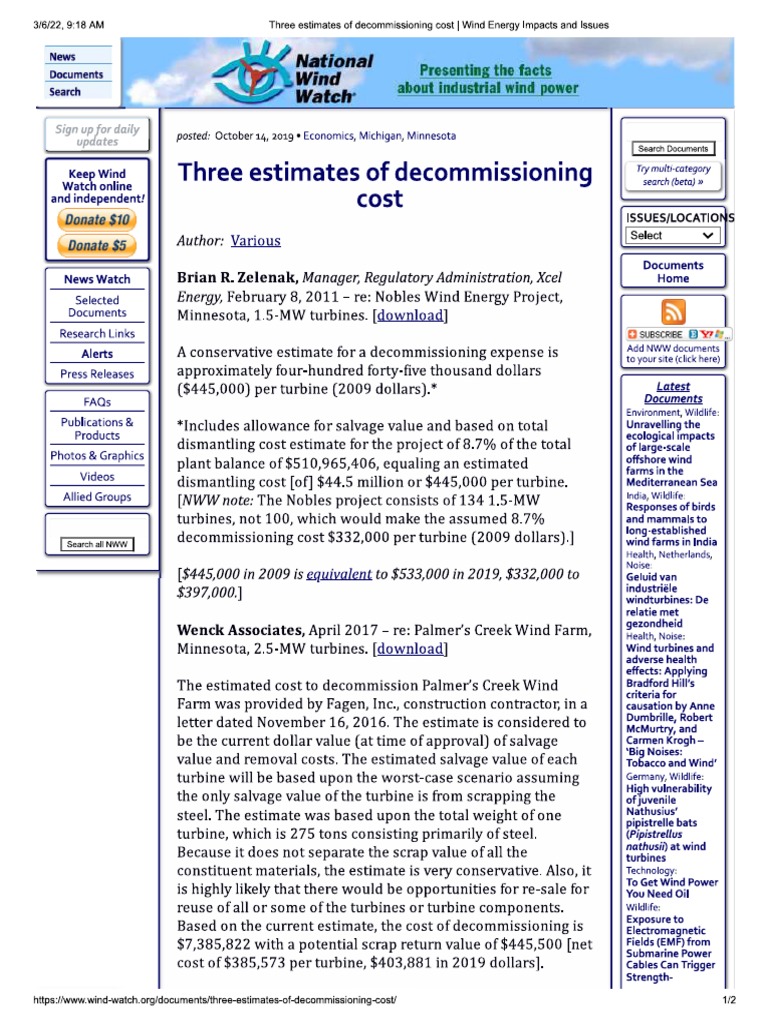 Three Estimates of Decommissioning Cost of Wind Turbines | PDF