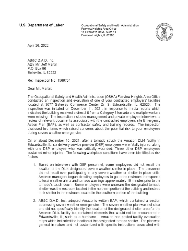 Osha Hazard Letter - Ab&c D.A.D | PDF | Occupational Safety And Health ...