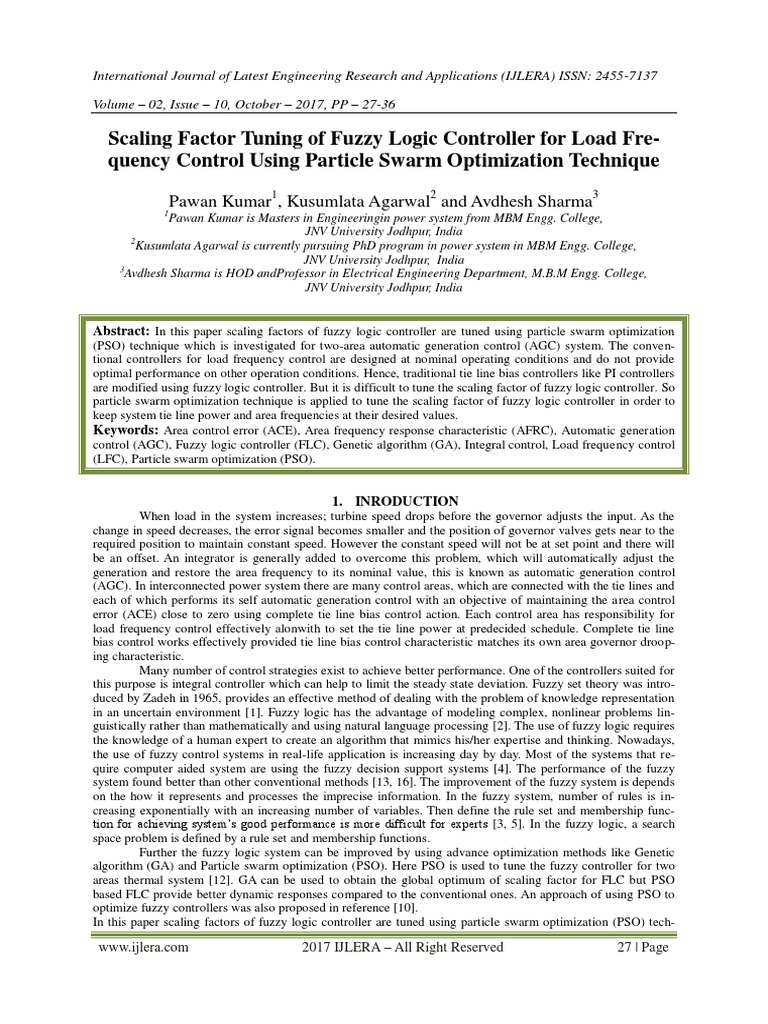 Scaling Factor Tuning Of Fuzzy Logic Controller For Load Frequency Control Using Particle Swarm 8316