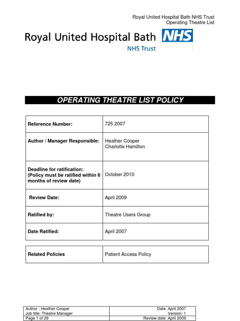 Blue 725 Operating Theatre List | Surgery | National Health Service