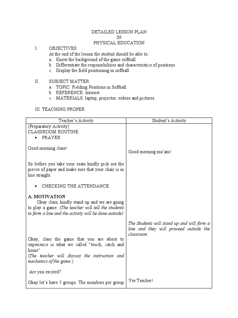 Softball Fielding Positions Lesson Plan | PDF | Pitcher | Teachers