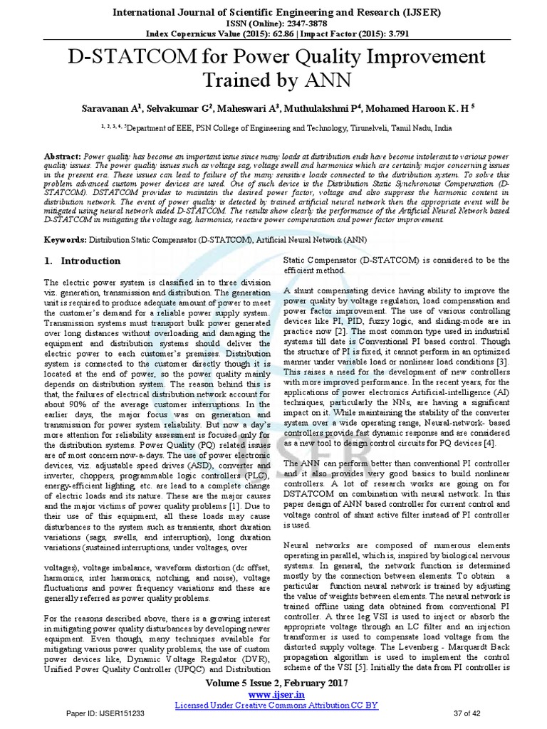 R22 - D-STATCOM For Power Quality Improvement | PDF | Capacitor | Artificial Neural Network