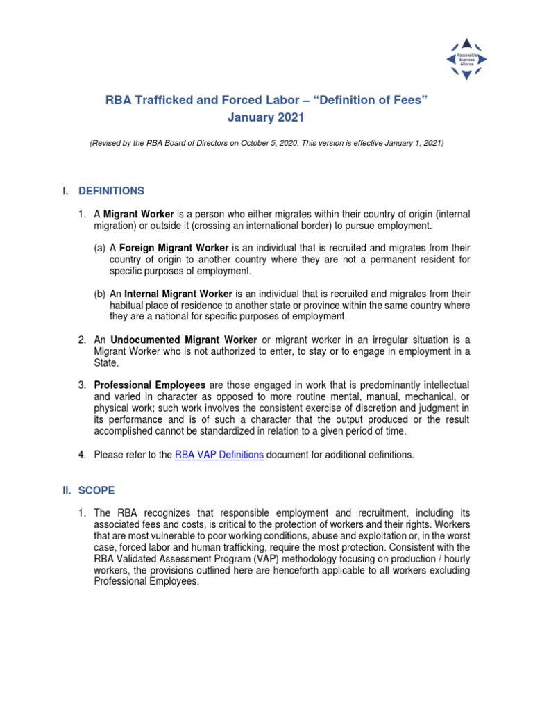 RBA Trafficked and Forced Labor - "Definition of Fees" January 2021 ...