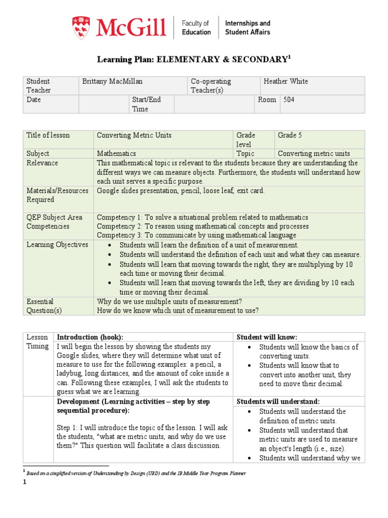 Metric Units Lesson | Download Free PDF | Measurement | Learning