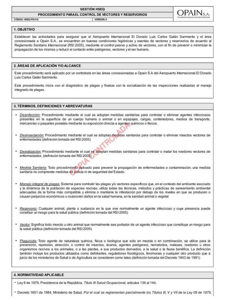 Procedimiento para El Control de Vectores y Reservorios | PDF