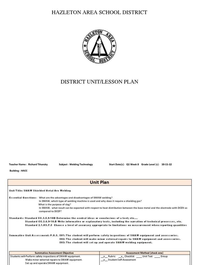 1.8 HASD New Unit-Lesson Plan SMAW Q1 Week 8 | PDF | Welding | Construction