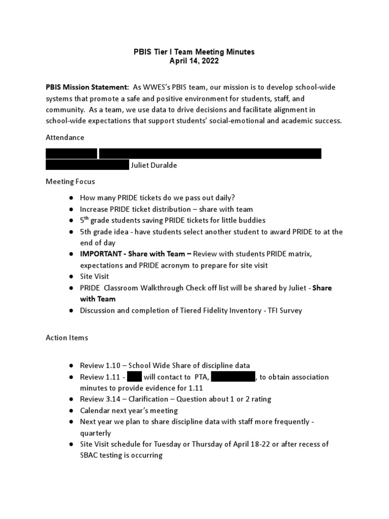 4 14 22 Pbis Tier I Team Meeting Minutes | PDF
