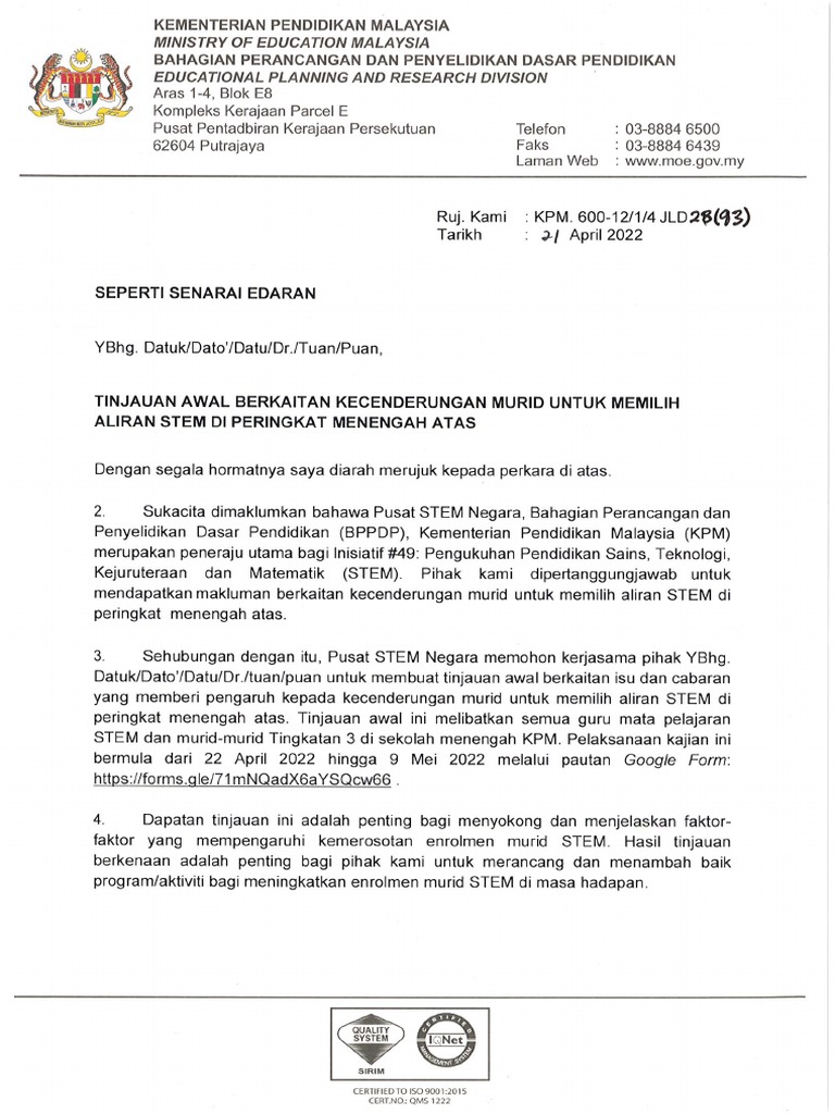 Tinjauan Awal Berkaitan Kecenderungan Murid Untuk Memilih Aliran STEM ...