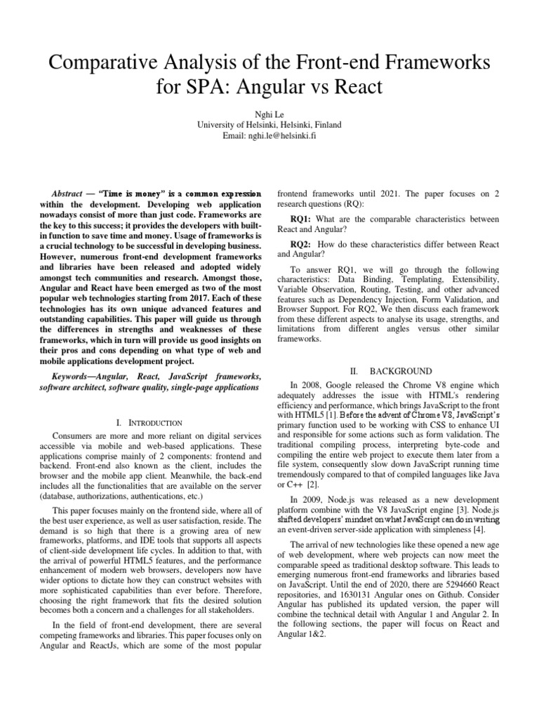 Comparative Analysis Of The Front End Frameworks For Spa Angular Vs React Pdf Angular Js
