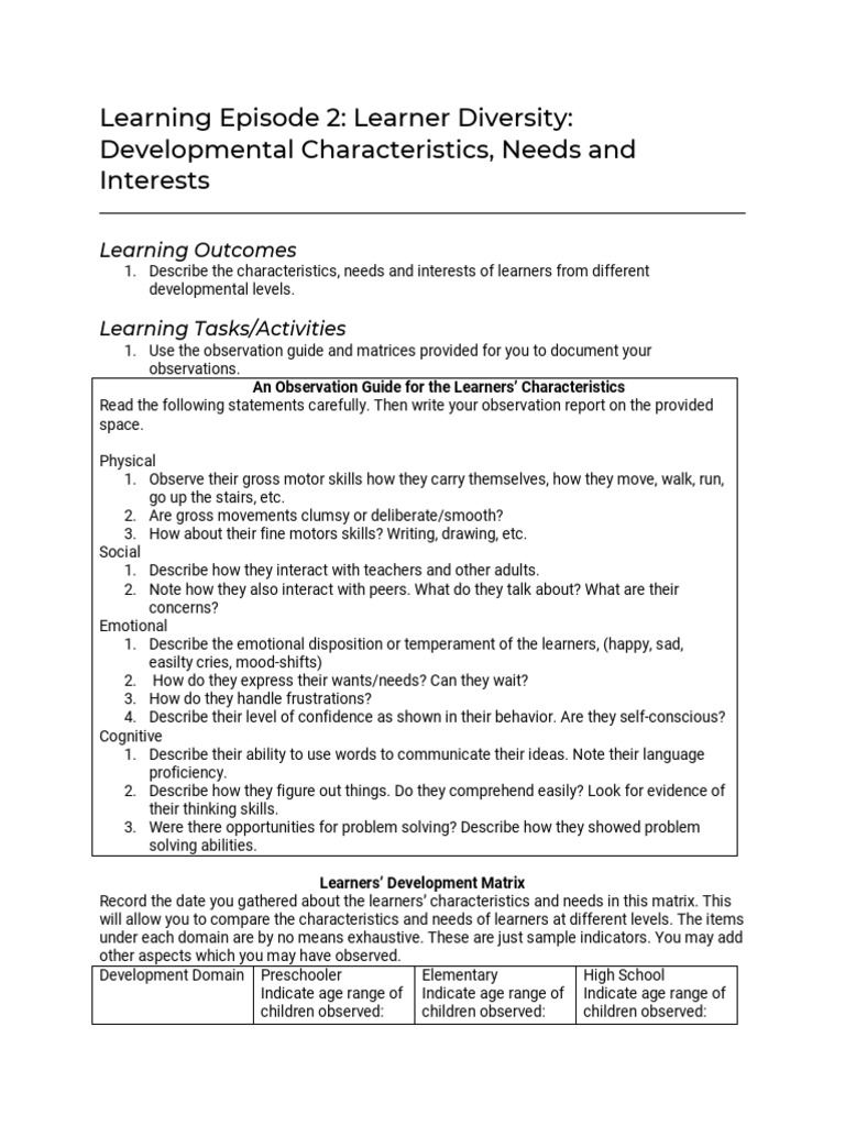 Learning Episode 2: Learner Diversity: Developmental Characteristics, Needs and Interests | PDF ...