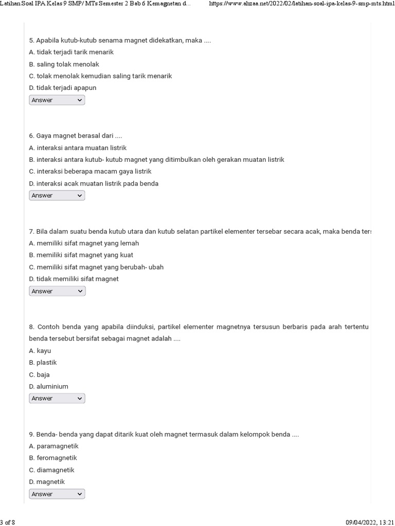 Latihan Soal IPA Kelas 9 SMP - MTs Semester 2 Bab 6 Kemagnetan Dan Pemanfaatannya | PDF