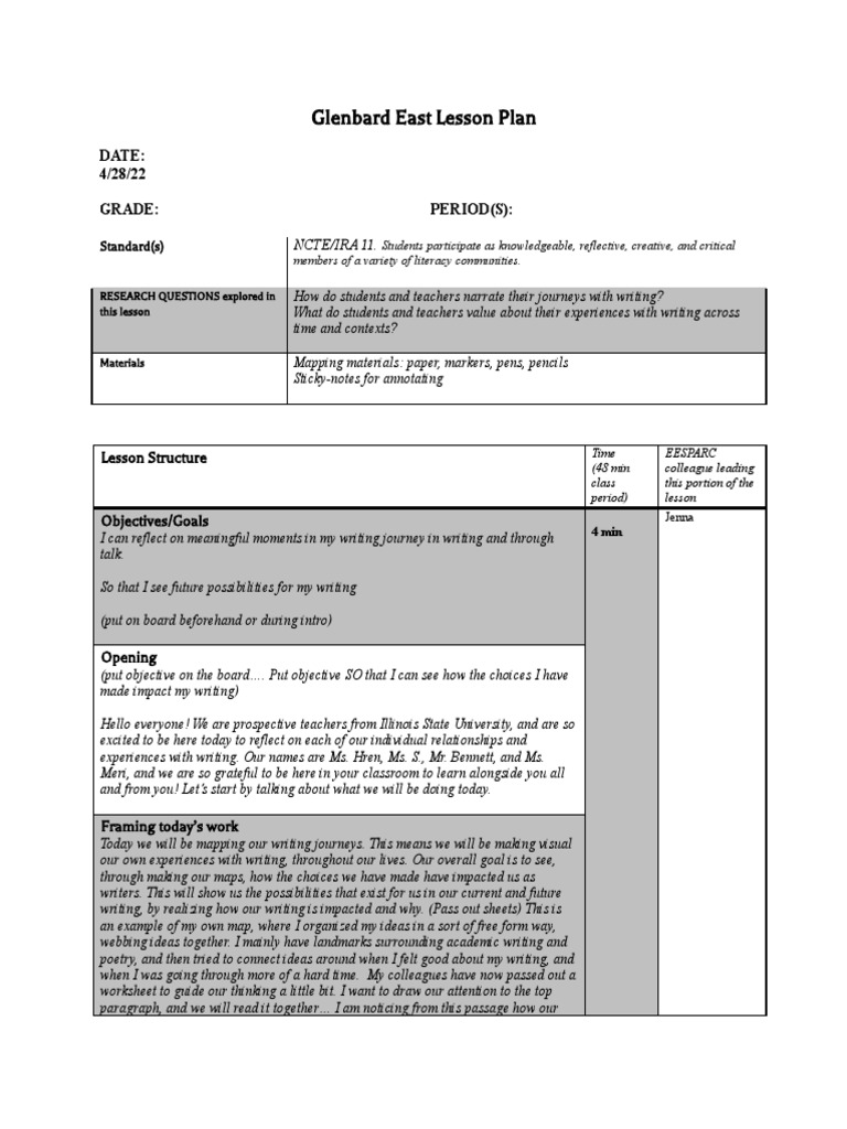 Glenbard East Lesson Plan | PDF | Experience | Thought