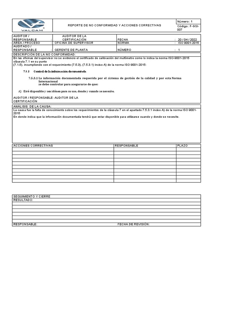 Informe De No Conformidades Iso 9001 Pdf Sistema De Manejo De 6269