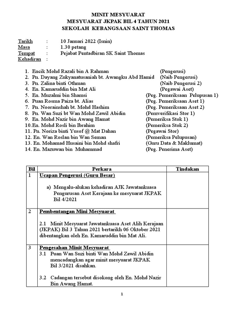 Minit Mesyuarat JKPAK 4 2022 | PDF