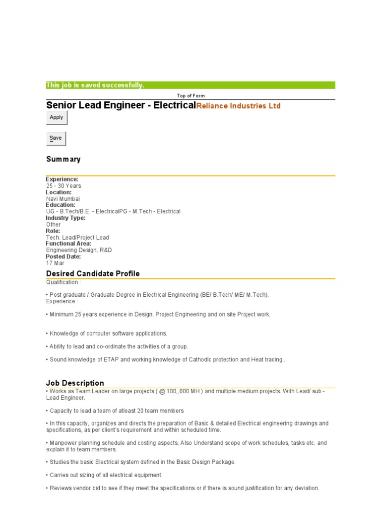 Senior Lead Electrical Engineer Job | PDF | Business | Engineering