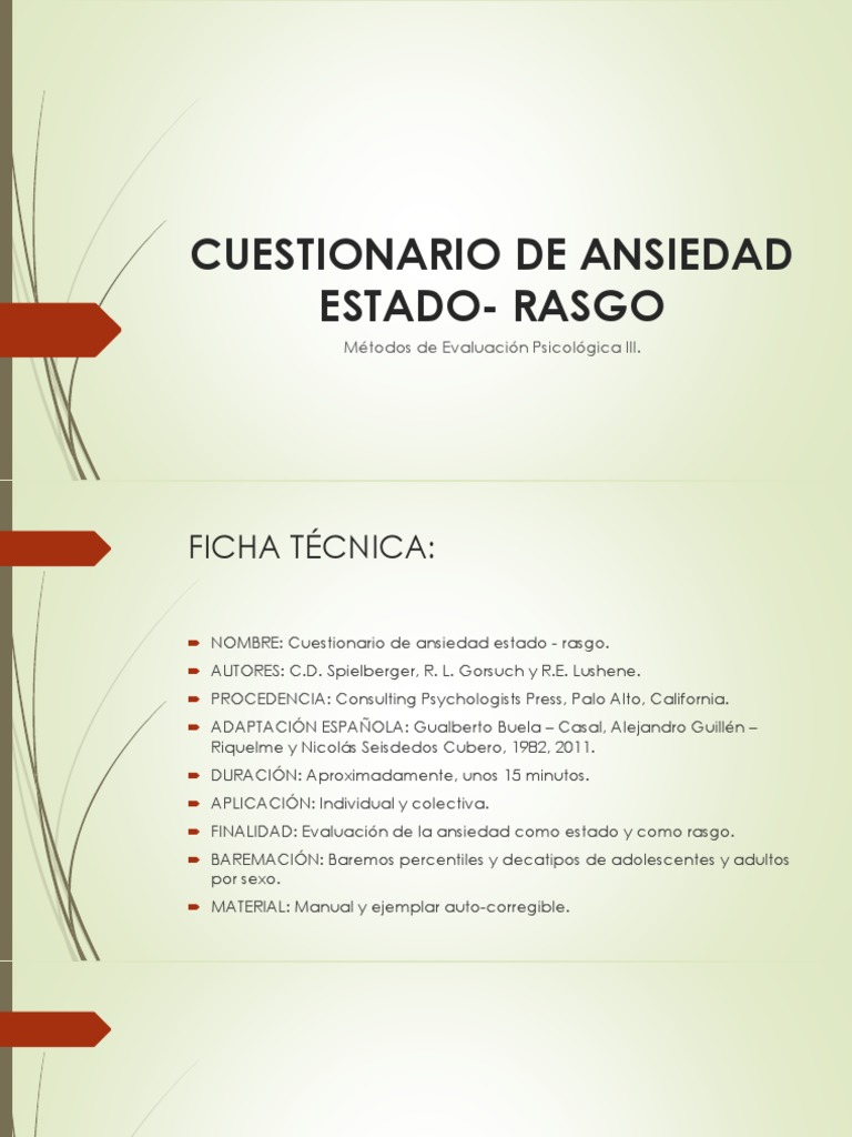 CUESTIONARIO DE ANSIEDAD ESTADO - RASGO - Notas Clases | PDF | Ansiedad ...