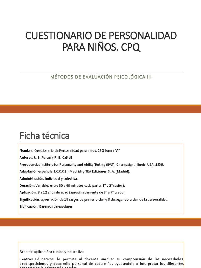 CUESTIONARIO DE PERSONALIDAD PARA NIÑOS. CPQ - Notas Clases | PDF | Sicología | Cuestionario
