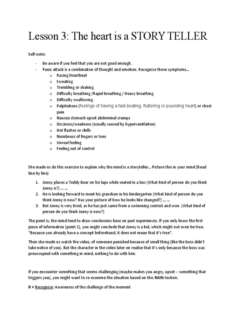 Mindfulness Lesson 3 Notes | PDF | Feeling | Panic Attack