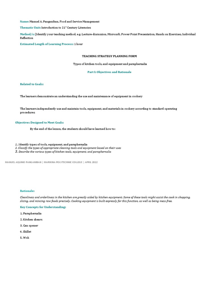 Modified Teaching Strategy Planning Form - Ravillarena | PDF | Teaching ...