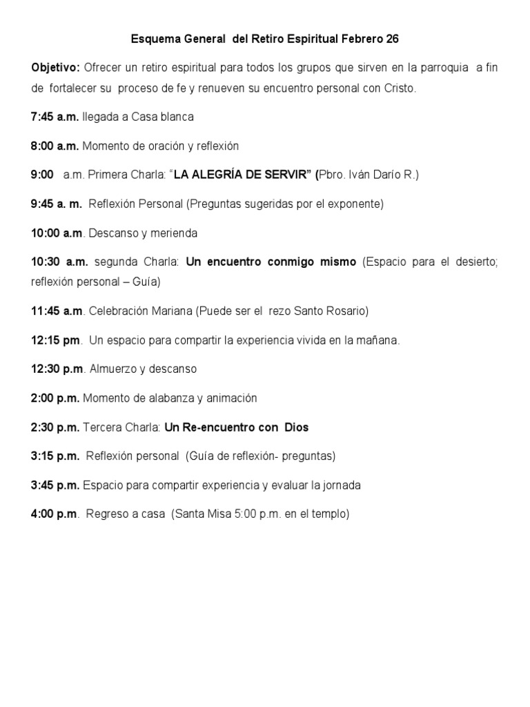 Esquema General Del Retiro Espiritual Febrero 26 | PDF | Amor | Oración