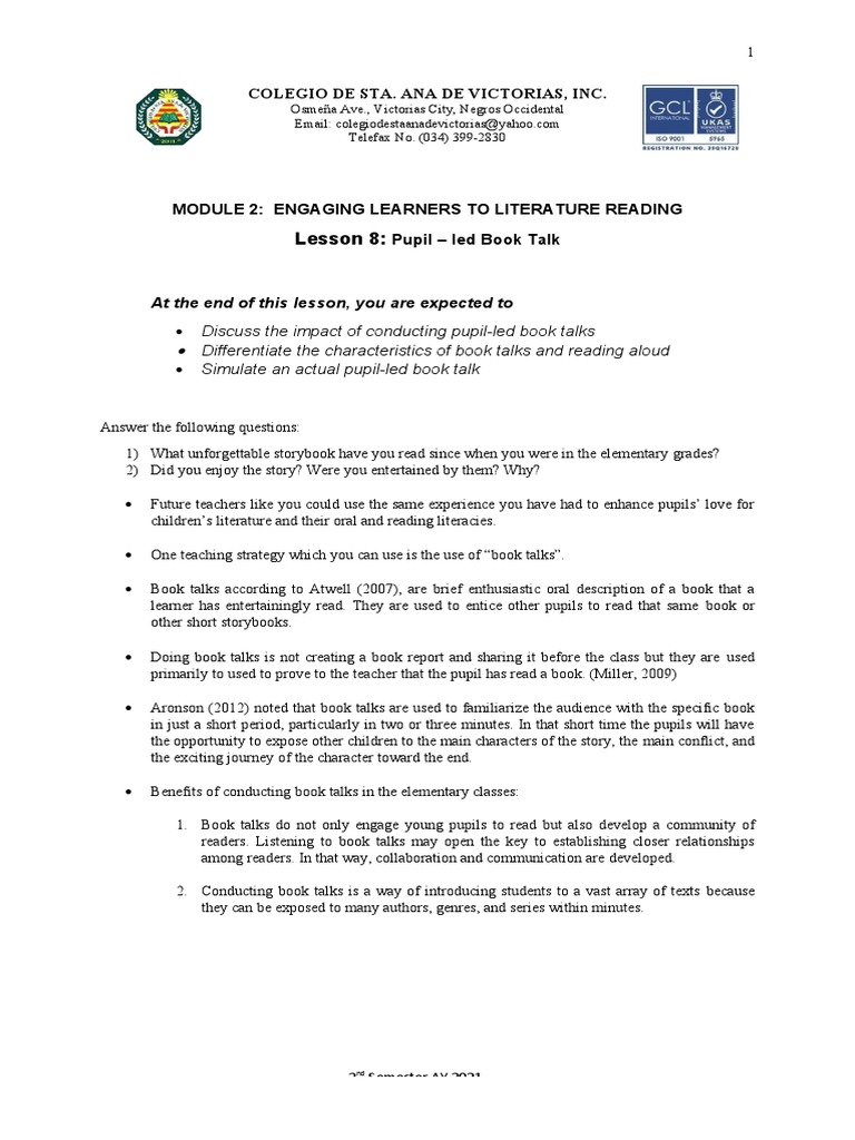 Pupil-Led Book Talks in Elementary Education | PDF | Reading ...