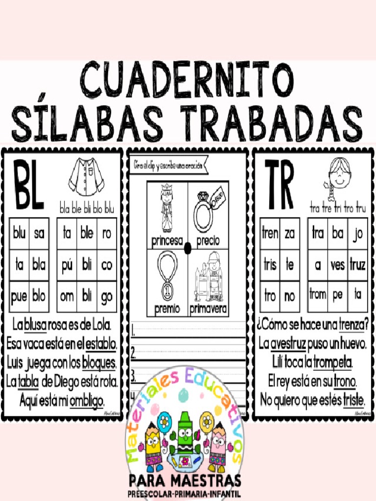 Cuaderno Lectura y Escritura de Sílabas Trabadas Por Materiales ...