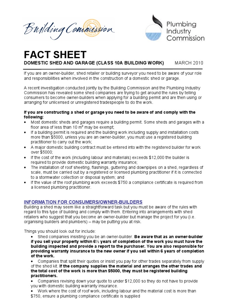 Class 10A Building Fact Sheet March 2010 | Shed | Plumbing | Free 30 ...