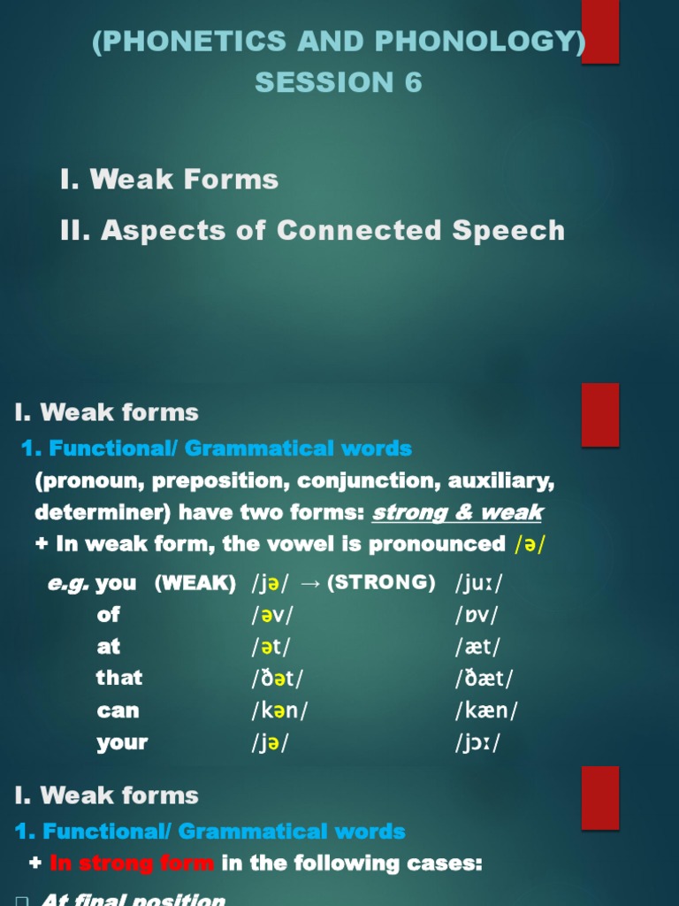 (Phonetics and Phonology) Session 6: I. Weak Forms II. Aspects of Connected Speech | Download ...