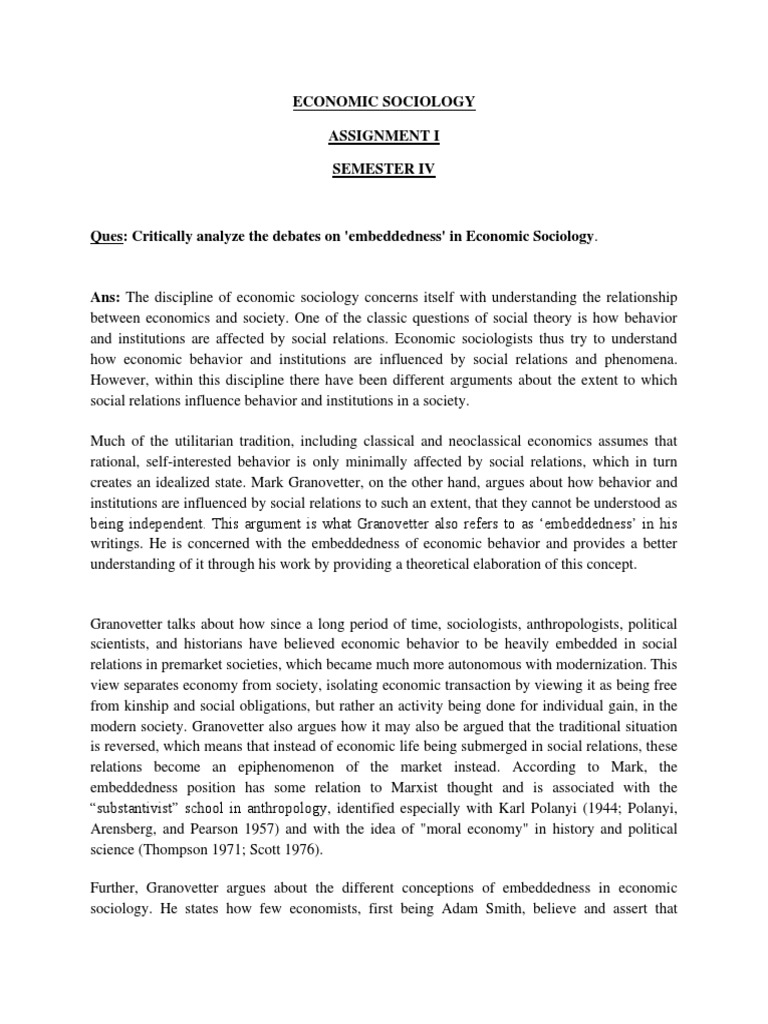 Economic Sociology Assignment I Semester Iv | PDF | Sociology | Economics