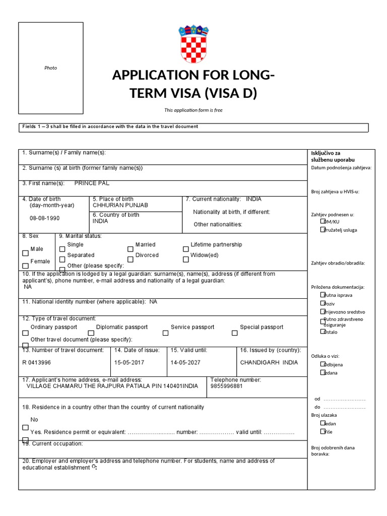 Application For Long-Term Visa (Visa D) : Photo | PDF | Travel Visa ...