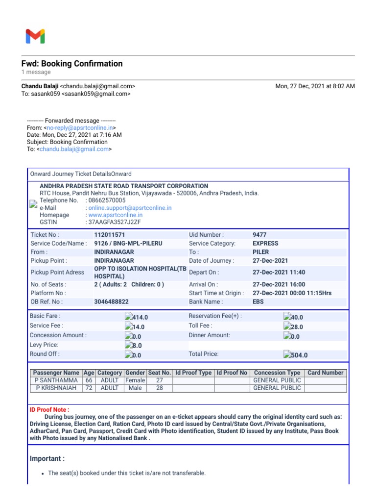 FWD: Booking Confirmation: No-Reply@apsrtconline - in | PDF | Identity ...