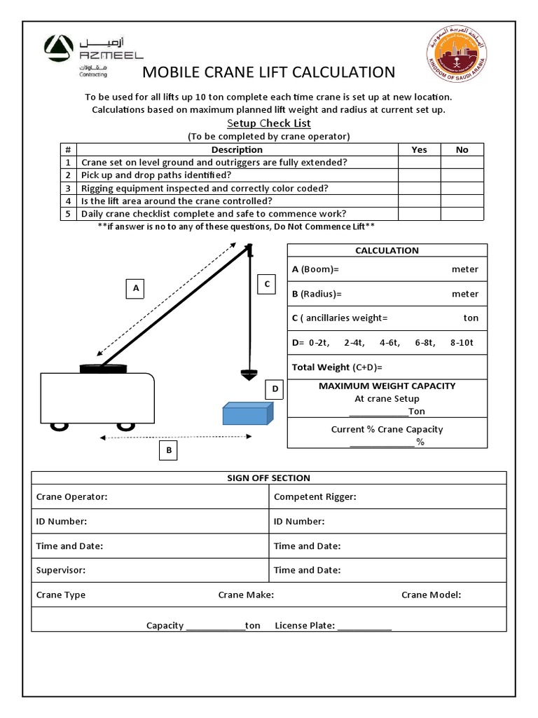 Crane Lifting Calculation Sheet | PDF | Crane (Machine) | Transport